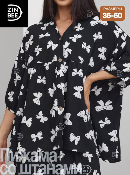 Пижама Женский ZinBee Вискоза, размер 48, 50 Разноцветный, Цветочный черный сахара Три четверти ...