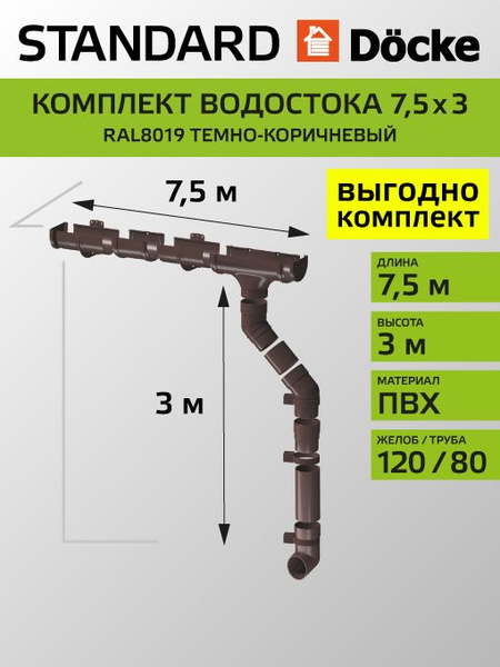 Водосток для крыши дома 7,5х3м Docke STANDARD, цвет - КОРИЧНЕВЫЙ / Водосточная система Деке ...