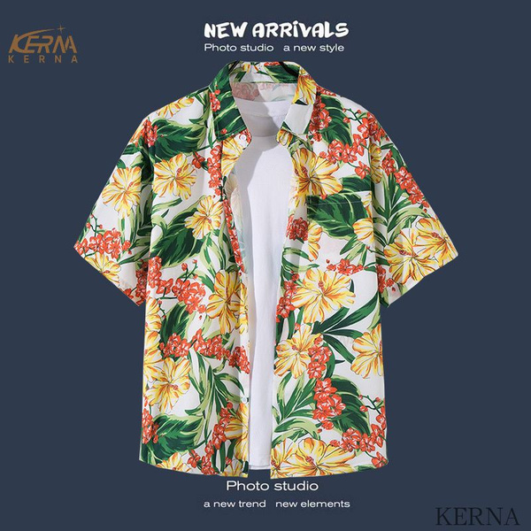 Рубашка Мужской KERNA белый Короткий Полиэфирное волокно Цветочный, размер 46, 44 облегающий ...