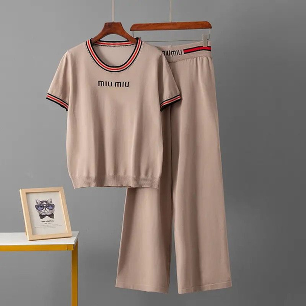 Комплект футболок Женский Miu Miu хаки Короткий размер 44 Полиэстер Смесовая ткань Полоска