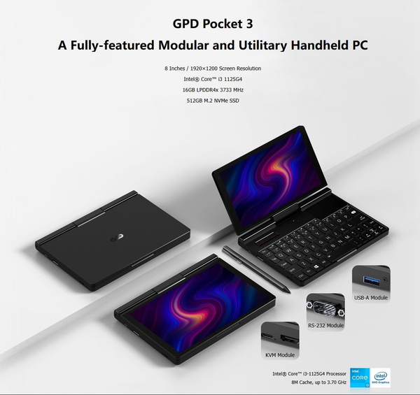Игровой ноутбук GPD WIN GPD Pocket 3 2025 Intel Core i3-1125G4 16 ГБ 16 ГБ, черный купить c ...