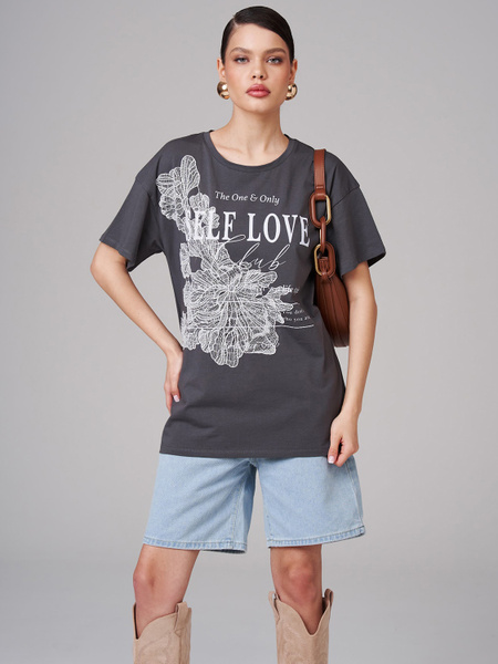 Футболка Женский SAHAR art lab серый, белый Короткий, размер 52, 54 Кулирная гладь Надписи ...