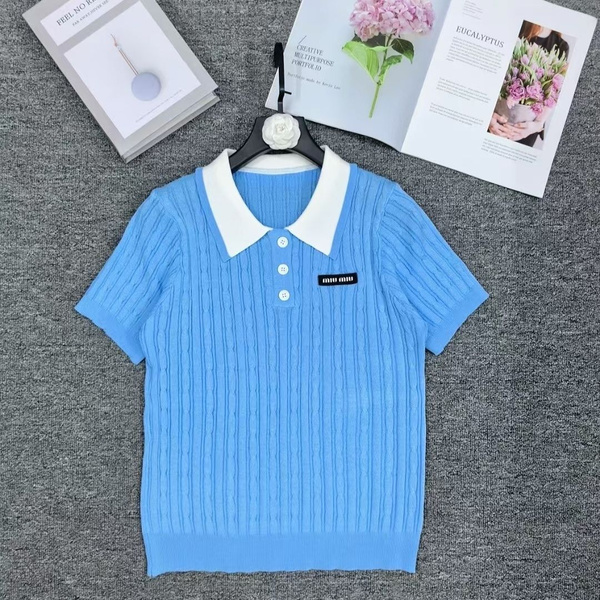 Поло Женский Miu Miu синий Короткий, размер 46 Поликоттон Логотип облегающий Повседневный Китай ...