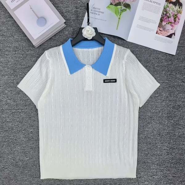 Поло Женский Miu Miu белый Короткий, размер 46 Хлопок Логотип облегающий Повседневный Китай ...