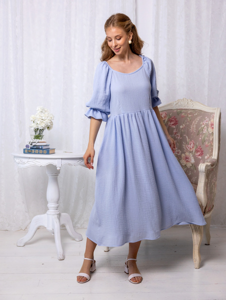 Платье Женский Cher-Neva голубой Повседневный Средний Хлопок, размер 42 Однотонный Миди купить c ...