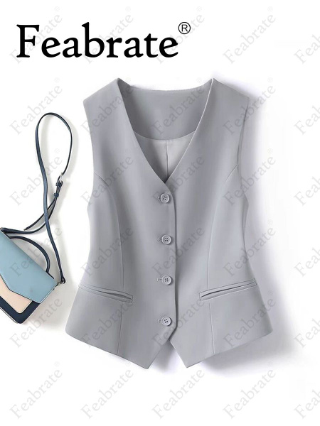 Жилет Женский Feabrate светло-серый, размер 48 Декоративные пуговицы Пуговицы Однотонный ...