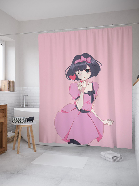 Штора для ванной 200x180 см JoyArty девочка, аниме, арт, цветы, маска, кот, осколки , девушка ...