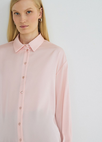 Блузка Женский O'STIN светло-розовый Текстиль Длинный Однотонный, размер 46 свободный Пуговицы ...