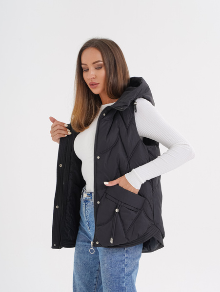 Жилет утепленный Женский KSV&HUV Капюшон, Карманы черный, размер 52, 54 Полиэстер Холлофайбер ...