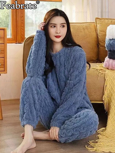 Пижама Женский Feabrate с юбкой Корал-флис, размер 42, 44 Однотонный небесный Длинный Китай ...