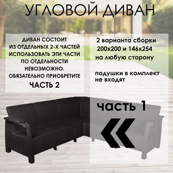 Диван садовый угловой 200x200x79 см, мокко, Часть 1 без подушек ...