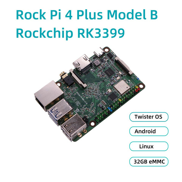 Rock Pi 4 Plus Model B Rockchip RK3399 4 ГБ, Одноплатный компьютер eMMC с 32 ГБ флэш-памяти ...