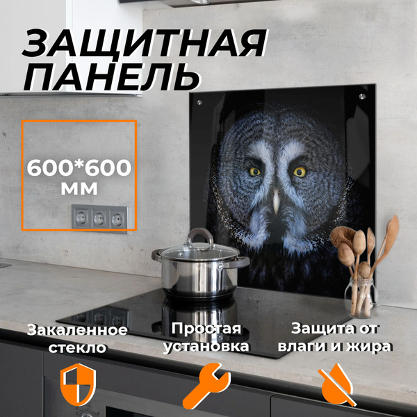 Защитный экран от брызг на плиту "Черная сова 1" 600х600 мм. Стеновая ...