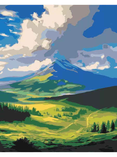 Картина по номерам зелёные луга с видом на гору на деревянном ...