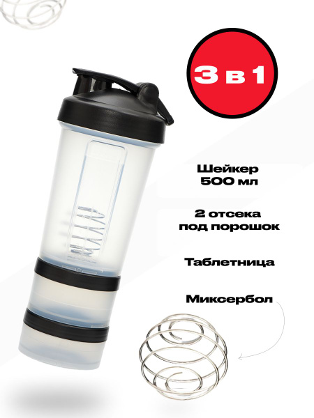 Шейкер для спортивного питания, 3 в 1, Прозрачный, 500 мл, SKILLS ...