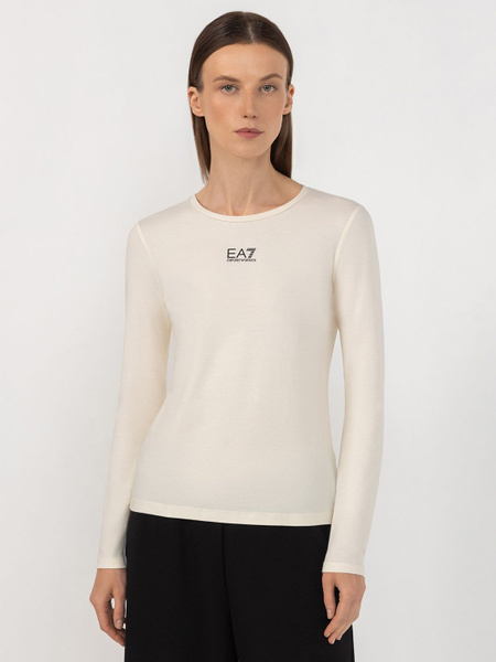 Лонгслив Женский EA7 светло-бежевый, размер 42, 44 Хлопок, Модал Логотип Повседневный купить c ...