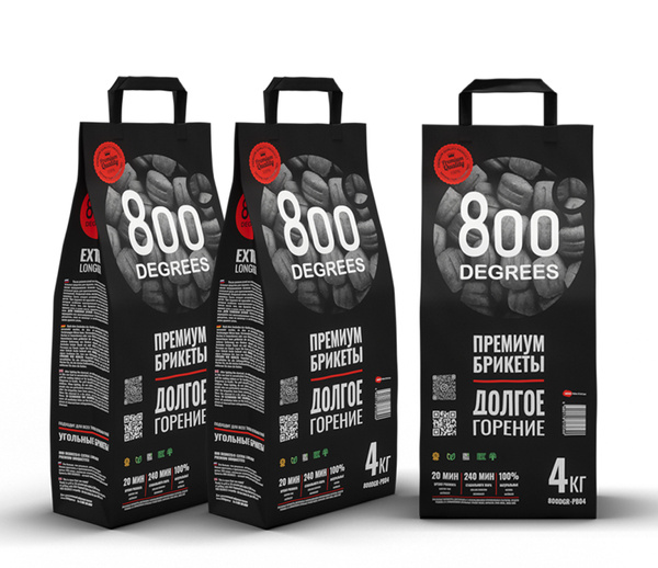 Брикетированный уголь 800 Degrees Premium 4 кг (гриль и мангал), 3 ...