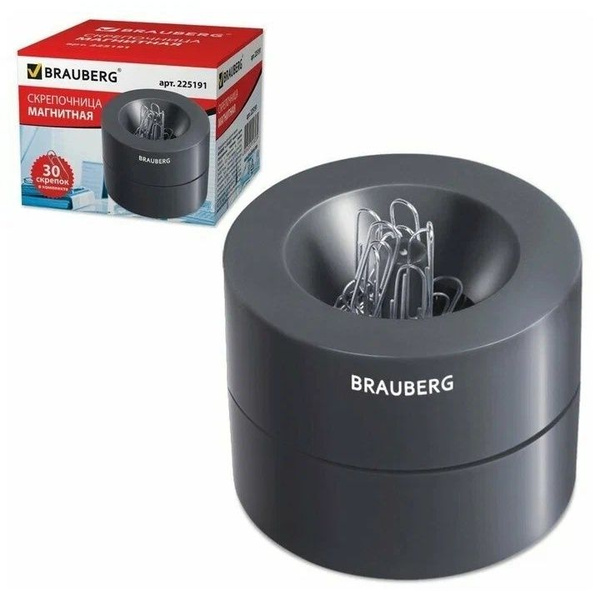 Скрепочница магнитная Brauberg С 30 скрепками, большой бочонок, черная ...