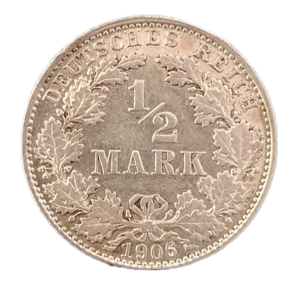 Коллекционная монета 1/2 марки (mark) Германия 1906 год, знак монетного двора: "D" - купить в ...