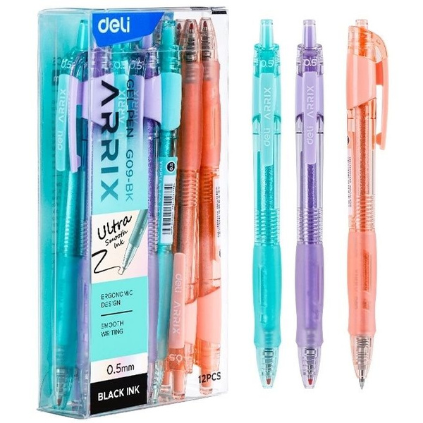 Ручка гелевая набор 12 шт., Deli Arris, автоматическая, черные чернила ...