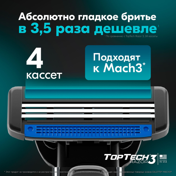 4 шт. сменные кассеты для бритья мужские TopTech Razor 3, с 3 лезвиями. лезвия для бритвы ...