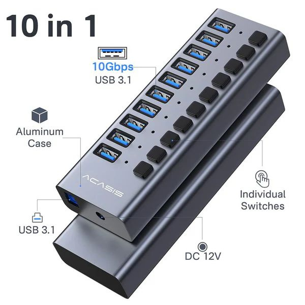 Концентратор USB 3.1 с блоком питания, ACASIS 10-портовый концентратор ...