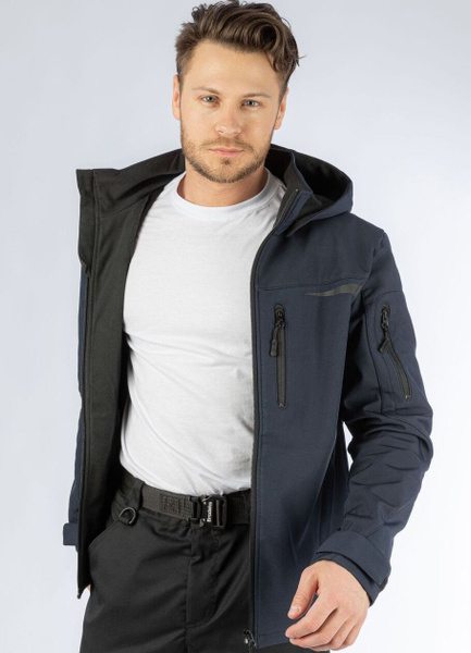 Куртка Мужской BRODEKS Капюшон, Карманы синий Softshell, размер 58, 56 Длинный Демисезон ...
