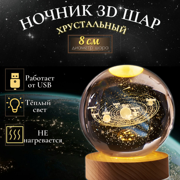 Светильник ночник Стеклянный шар 8 см с подсветкой "Солнечная система ...