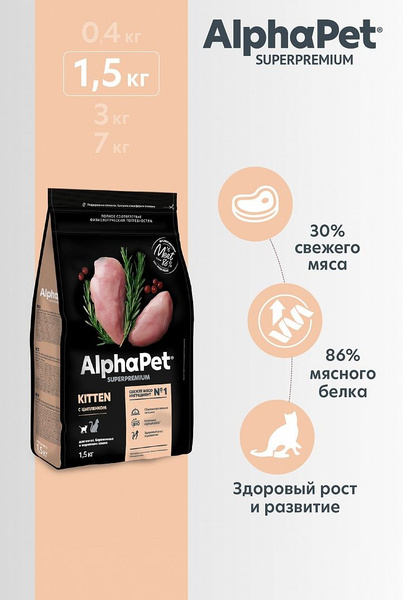 Сухой корм AlphaPet Superpremium для котят, беременных и кормящих кошек. Цыпленок - 1,5 кг ...