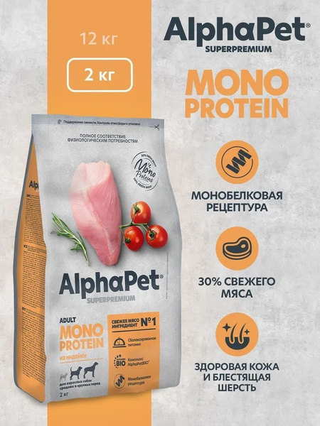 Сухой корм для взрослых собак AlphaPet Superpremium Monoprotein, 2кг из индейки для средних и ...