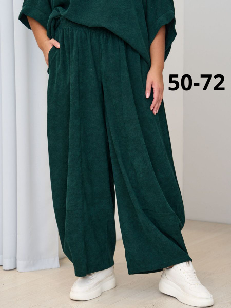 Брюки Женский SPARADA широкие зеленый Вельвет Повседневный, размер 66, 68 Резинка свободный На ...