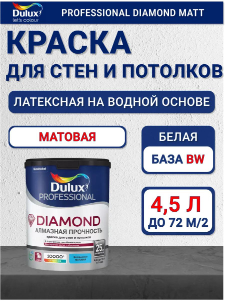 Интерьерная краска Dulux Diamond Matt для стен и потолков база BW белая 4.5 л / Делюкс латексная ...