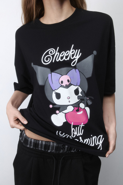 Футболка Женский Befree черный Короткий, размер 48 Трикотаж Разноцветный оверсайз Повседневный ...