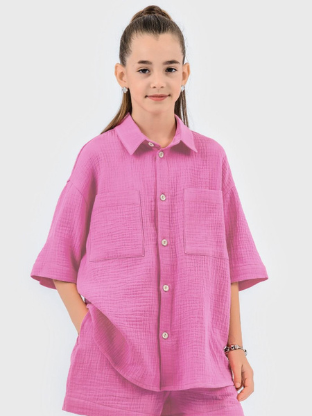 Рубашка Девочки Valini фуксия, розовая фуксия Короткий Муслин, Хлопок Декоративные пуговицы ...