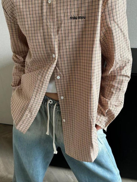 Рубашка Мужской Женский Miu Miu защитный хаки Длинный Хлопок Значки Полоска размер 52 Пуговицы