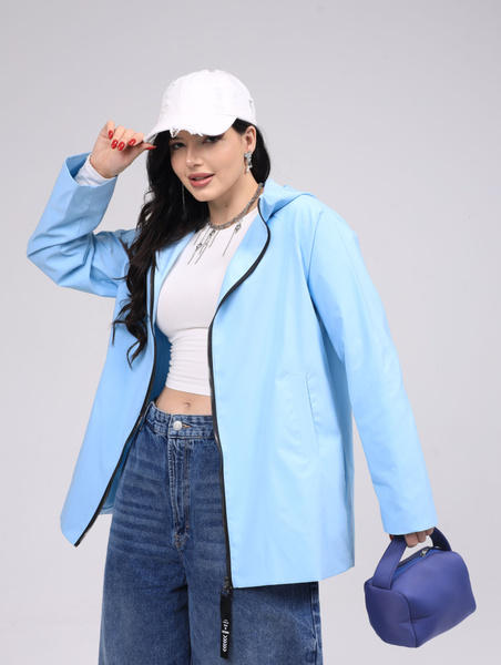 Ветровка Женский Jyldyz голубой капюшон Плащевка, размер 62 Длинный Демисезон оверсайз ...