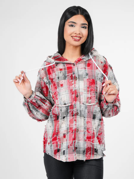 Рубашка Женский DARENZI красный матовый Длинный Фланель Капюшон Клетка, размер 50, 52 оверсайз ...