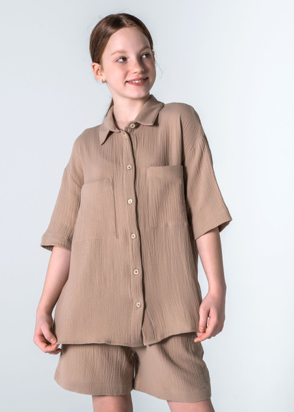 Комплект одежды Девочки Valini Повседневный с шортами кофе, кофейный, размер 134 Муслин, Хлопок ...