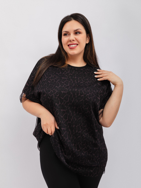 Футболка Женский freevolno черный, коричневый Средний, размер 64, 66 Хлопок, Полиэфир ...