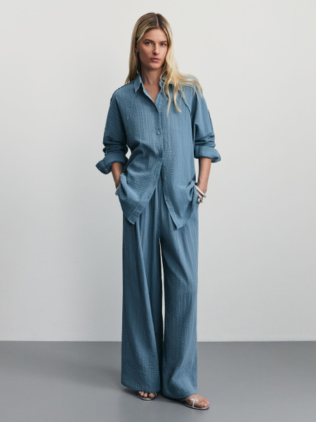 Брюки Женский Zarina широкие бирюзовый Хлопок Повседневный, размер 48 Без застежки свободный ...