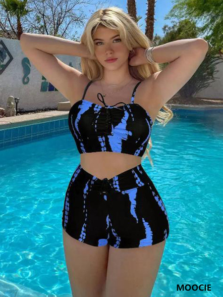 Купальник раздельный Женский MOOCIE с открытыми плечами, халтер сигнальный синий, теплый белый ...