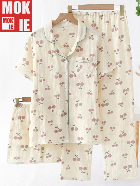Пижама Женский Mokie с брюками Муслин, Хлопок, размер 48, 50 Фруктовый бежевый Длинный Китай ...