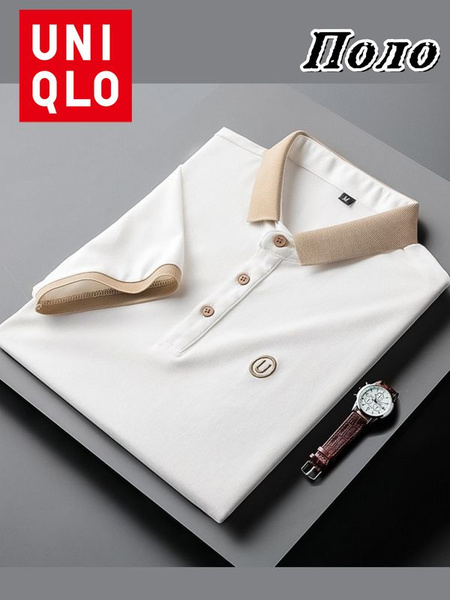 Поло Мужской Uniqlo теплый белый Короткий, размер 54 Хлопок Однотонный оверсайз Повседневный ...