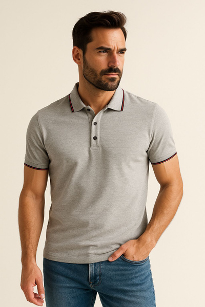 Поло Мужской AXXELLA серый Короткий, размер 50 Хлопок Однотонный ...