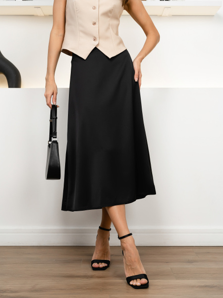 Юбка Женский Lefira черный Атлас прямая, размер 48 Резинка Миди Однотонный На любой сезон ...