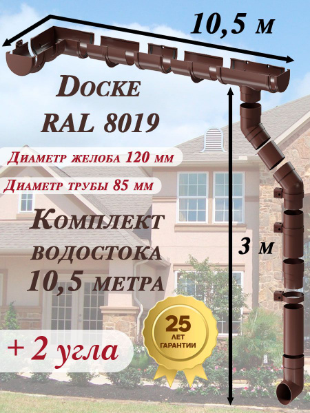 Угловой/прямой комплект водосточной системы Docke Premium 10,5 м карниза (один слив) 120мм/85мм ...
