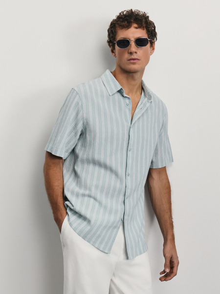 Рубашка Мужской Zarina зеленый Короткий Хлопок Полоска, размер 46 прямой Пуговицы Индия, рост ...