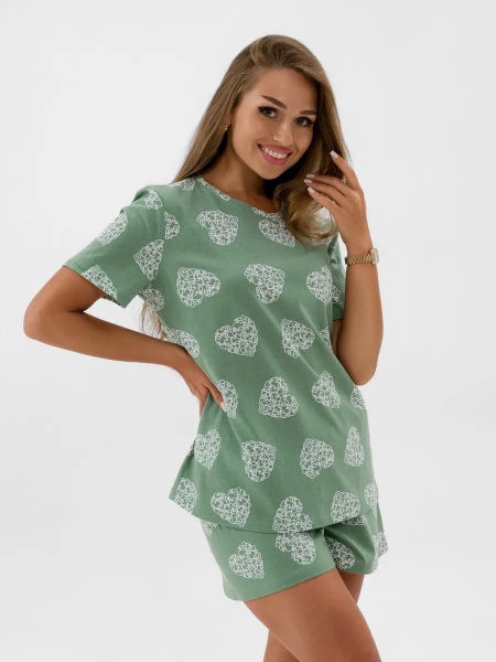 Пижама Женский NATIVIA с шортами Хлопок, Трикотаж, размер 52 оливково-зеленый Короткий Россия ...