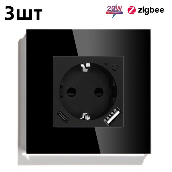 Розетка Умная Zigbee одинарная с USB и type-C входами, быстрая зарядка 20W, мониторинг ...