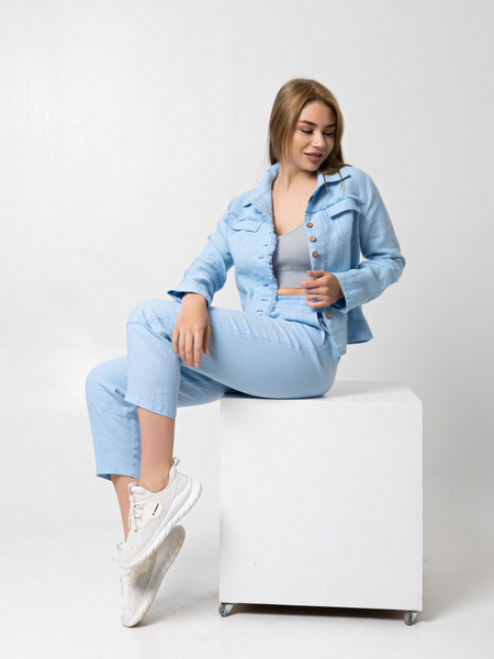 Жакет Женский Ecoline Fashion голубой Лен, размер 42 Воротник, Карманы ...